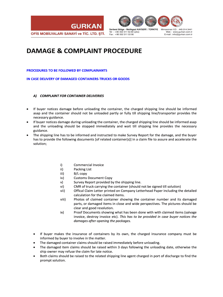 Fillable Online DAMAGE & COMPLAINT PROCEDURE Fax Email Print - pdfFiller