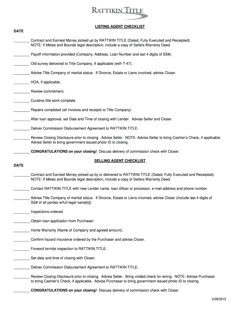 Fillable Online LISTING AGENT CHECKLIST DATE Contract ... - Rattikin ...