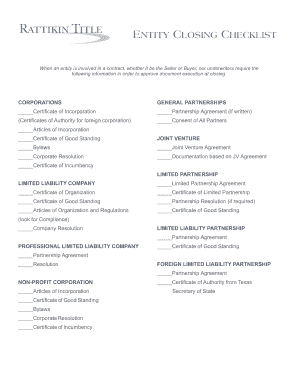 Fillable Online ENTITY CLOSING CHECKLIST Fax Email Print - pdfFiller