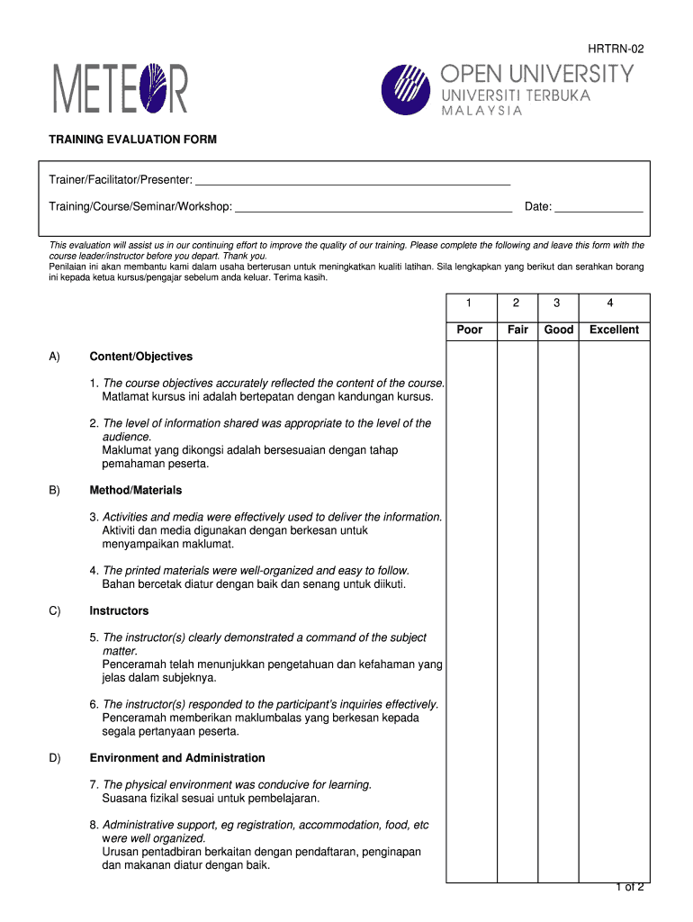 Fillable Online www2 oum edu TRAINING EVALUATION FORM - oumedumy Fax ...