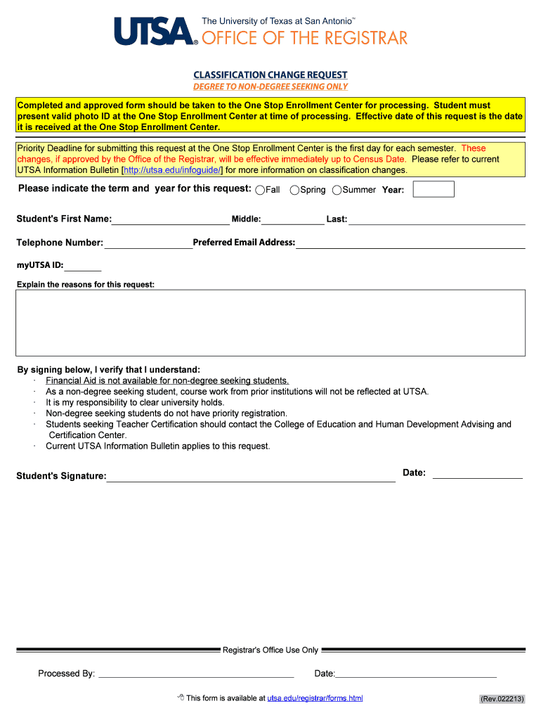 Fillable Online utsa UTSA Registrar Classification Change Request Form ...