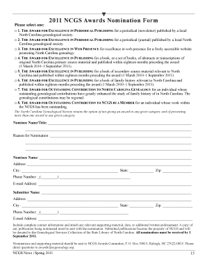 Fillable Online ncgenealogy Please select one: 2011 NCGS Awards ...