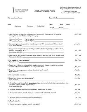 Fillable Online mdbrain MRI Screening Form University of Maryland 55 ...