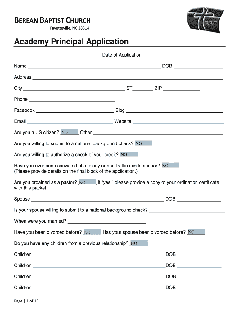 Fillable Online Academy Principal Application - Berean Baptist Church Fax Email Print - pdfFiller