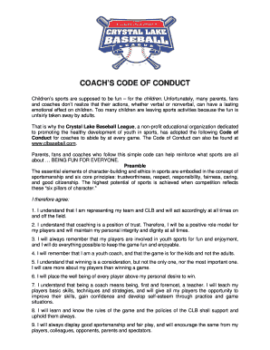 Fillable Online Coaches Code of Conduct - Crystal Lake Baseball Fax ...