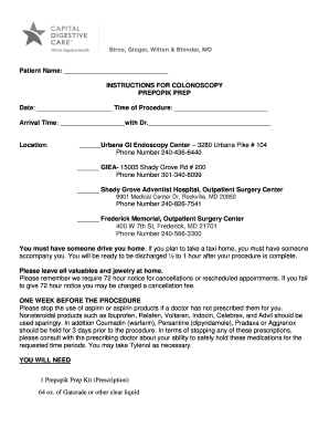 Fillable Online INSTRUCTIONS FOR COLONOSCOPY PREPOPIK PREP Time of Procedure Fax Email Print ...