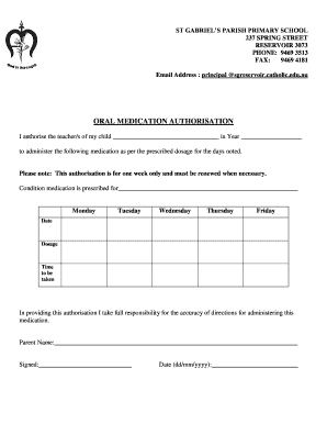 Fillable Online sgreservoir catholic edu Oral Medication Authorisation Form - St Gabriel's ...