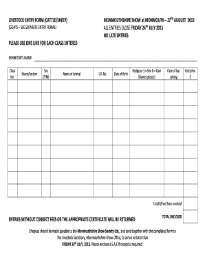 Fillable Online monmouthshow co LIVESTOCK ENTRY FORM CATTLESHEEP ...