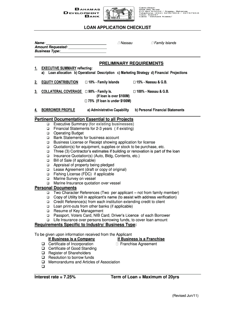Fillable Online LOAN APPLICATION CHECKLIST - Bahamas Development Bank Fax Email Print - pdfFiller