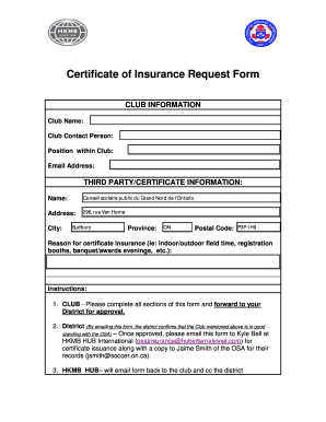 Fillable Online Certificate of Insurance Request Form CLUB INFORMATION ...