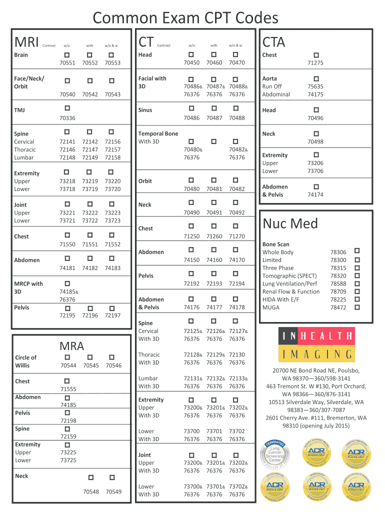 Fillable Online Common Exam CPT Codes Fax Email Print - pdfFiller