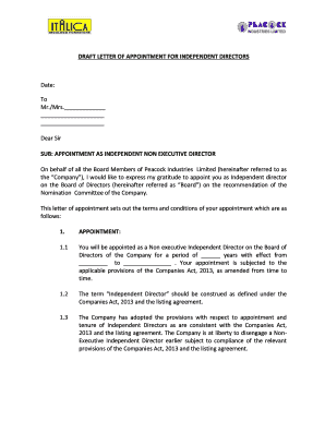 Fillable Online DRAFT LETTER OF APPOINTMENT FOR INDEPENDENT DIRECTORS ...