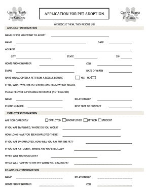 Fillable Online APPLICATION FOR PET ADOPTION - Caring Hearts for ...
