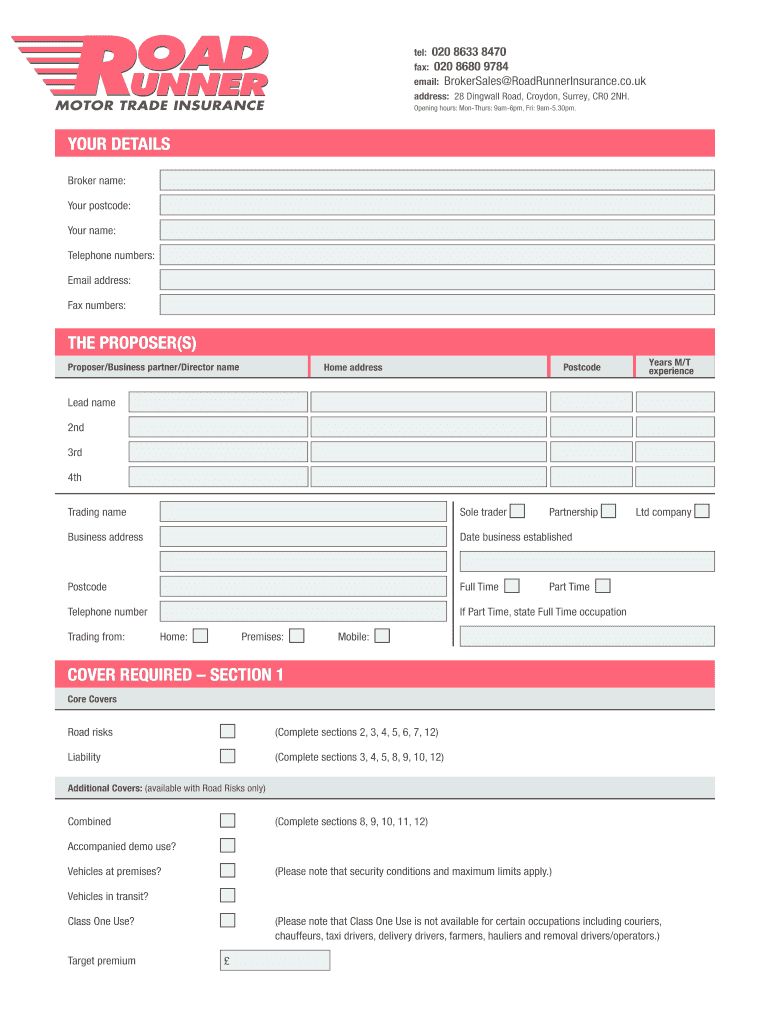 Road Runner Motor Trade Insurance - Fill Online, Printable, Fillable ...