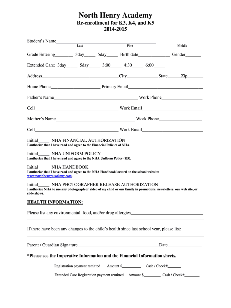 Fillable Online Reenrollment for K3, K4, and K5 Fax Email Print - pdfFiller