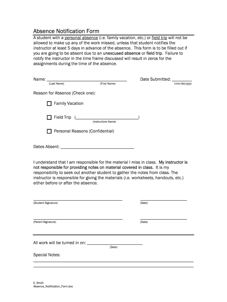 Fillable Online Absence Notification Form - Eric bSmithb Fax Email Print - pdfFiller