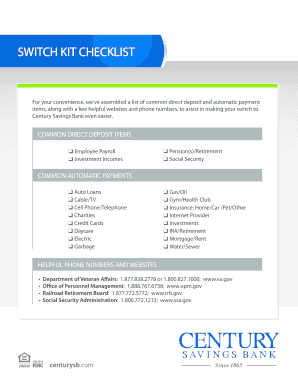 Fillable Online Switch Kit Checklist fin - Century Savings Bank Fax ...