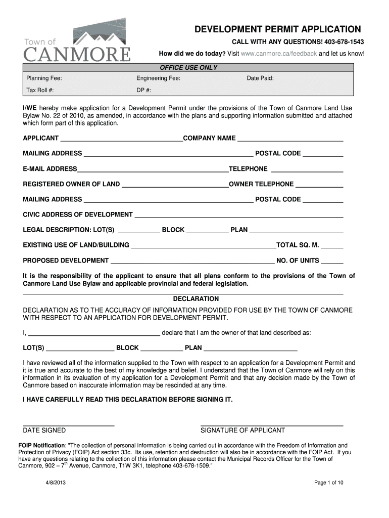 Fillable Online canmore DEVELOPMENT PERMIT APPLICATION - bCanmoreb Fax ...