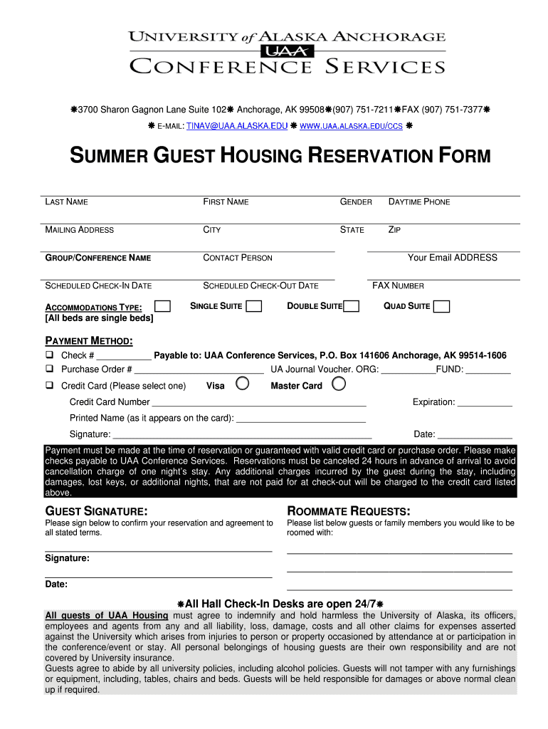 Fillable Online SUMMER GUEST HOUSING RESERVATION FORM Fax Email Print ...