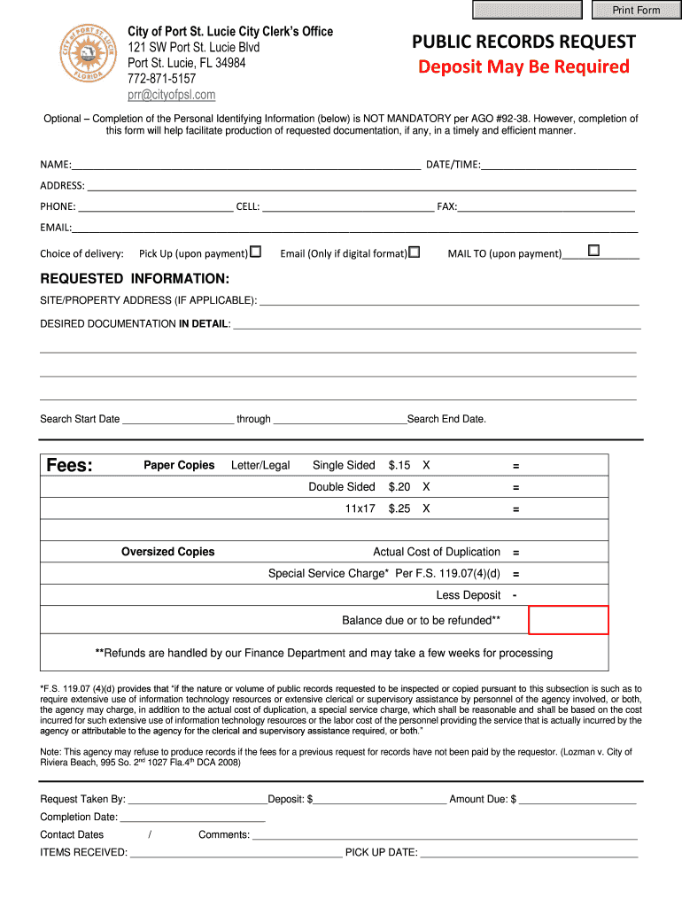 Fillable Online Public Records Request bFormb - City of Port St Lucie Fax Email Print - pdfFiller