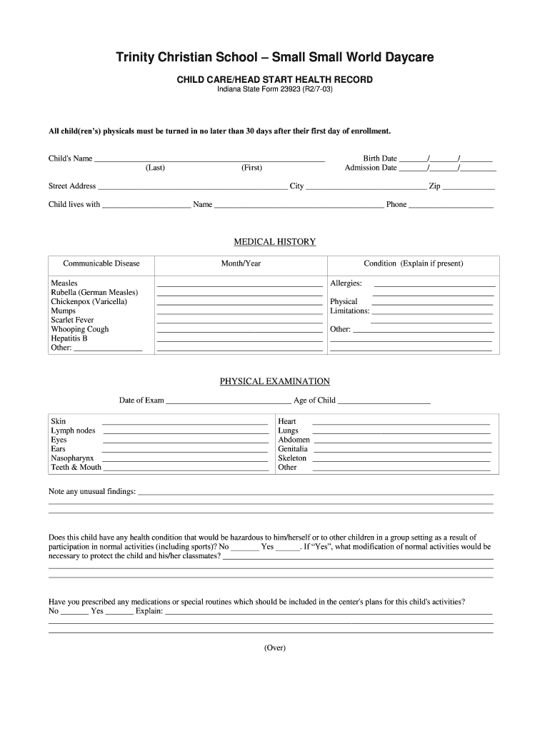 Fillable Online Trinity Christian School Small Small World Daycare Fax ...