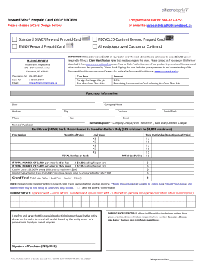 Fillable Online Reward Visa* Prepaid Card ORDER FORM Standard SILVER ...