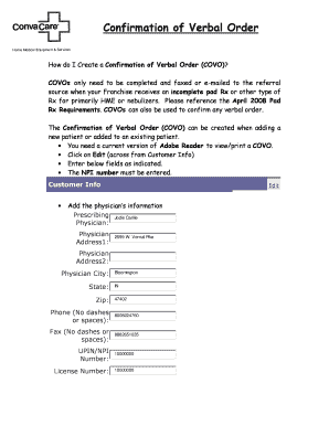 Fillable Online Confirmation of Verbal Order - ConvaCare Services Fax ...