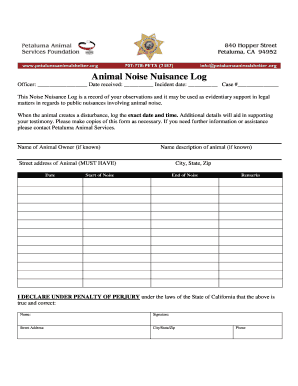 Fillable Online petalumaanimalshelter Animal Noise Nuisance Log ...