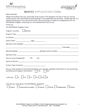 Fillable Online lifechangingexperiences MENTEE APPLICATION FORM - Life Changing Experiences Fax ...