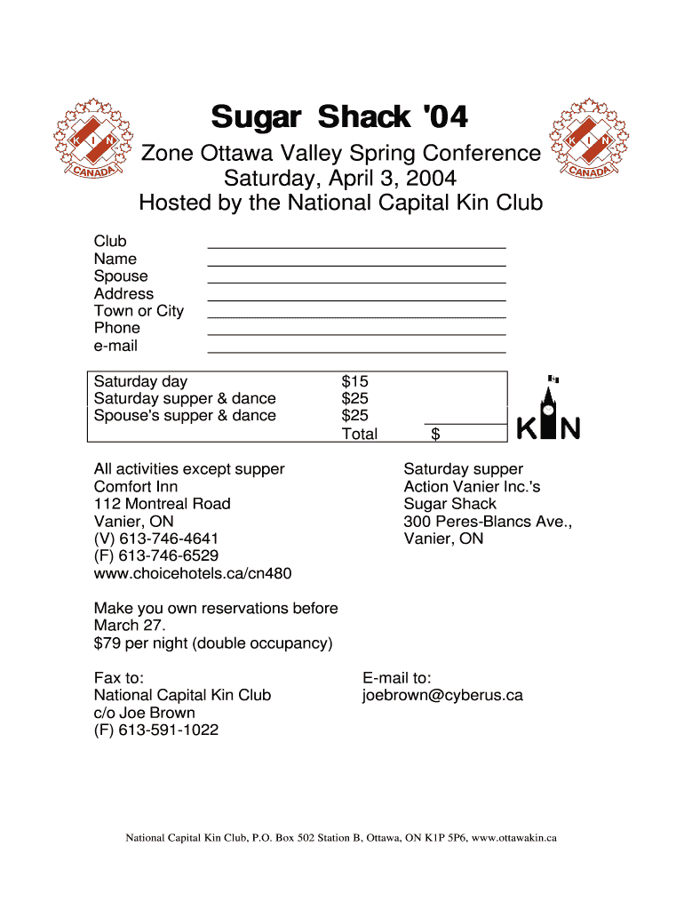 Fillable Online ottawakin Sugar Shack '04 - National Capital Kin Club ...