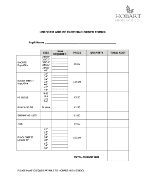 Fillable Online hobart org UNIFORM AND PE CLOTHING ORDER FORMS - Hobart ...