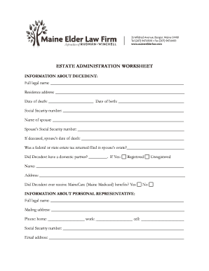 Fillable Online Estate Administration Worksheet - Maine Elder Law Firm ...