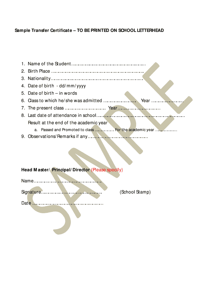 Fillable Online Sample Transfer Certificate TO BE PRINTED ON SCHOOL ...