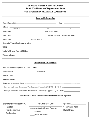 Fillable Online smgparish Adult Confirmation Register Form - St. Maria Goretti - smgparish Fax ...