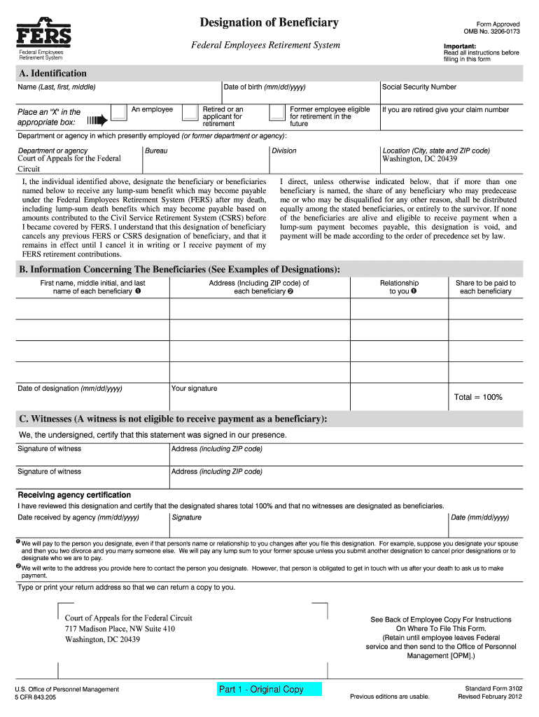 Fillable Online cafc uscourts Retirement Beneficiary bFormb - US Court ...