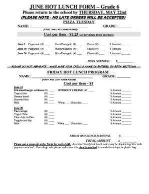 Fillable Online icschool JUNE HOT LUNCH FORM Grade 6 - icschool Fax ...