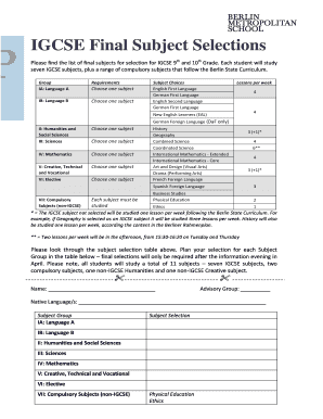 Fillable Online IGCSE Final Subject Selections - Berlin Metropolitan ...