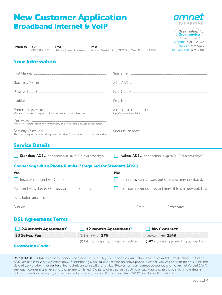 Fillable Online New Customer Application - Amnet Broadband Fax Email ...