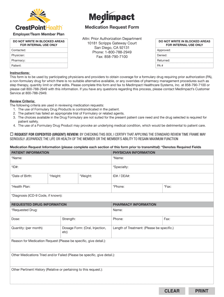 Fillable Online Medication Request Form - CrestPoint Health Fax Email ...