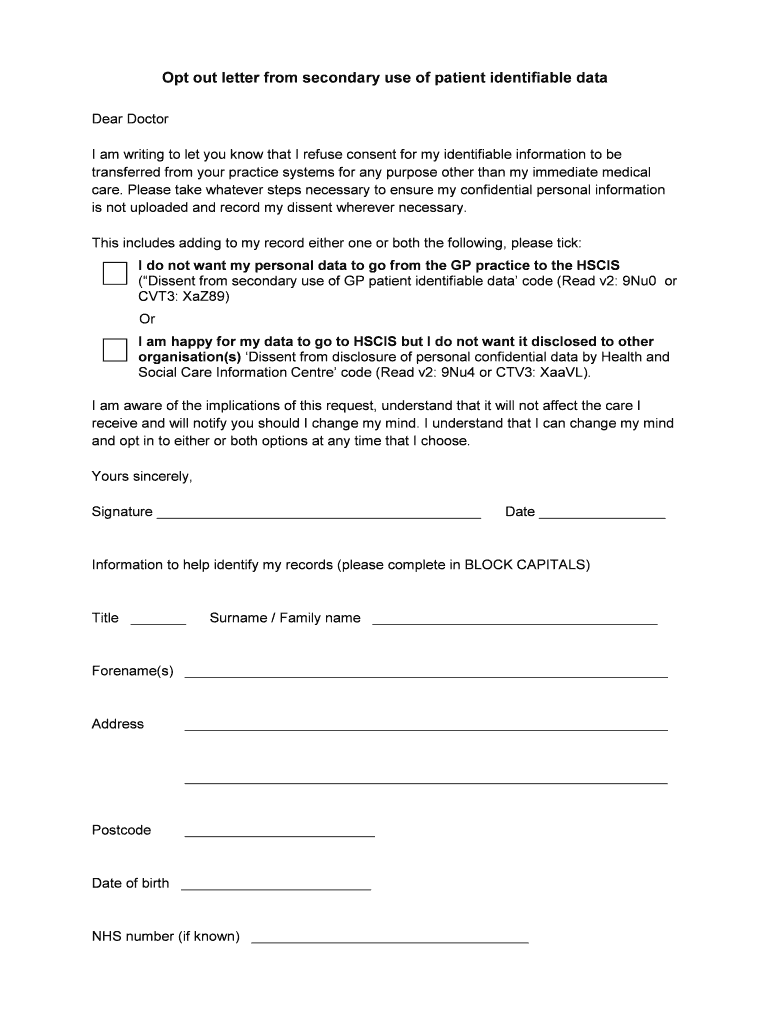 Fillable Online marstonmedicalcentre co Opt out letter from secondary ...