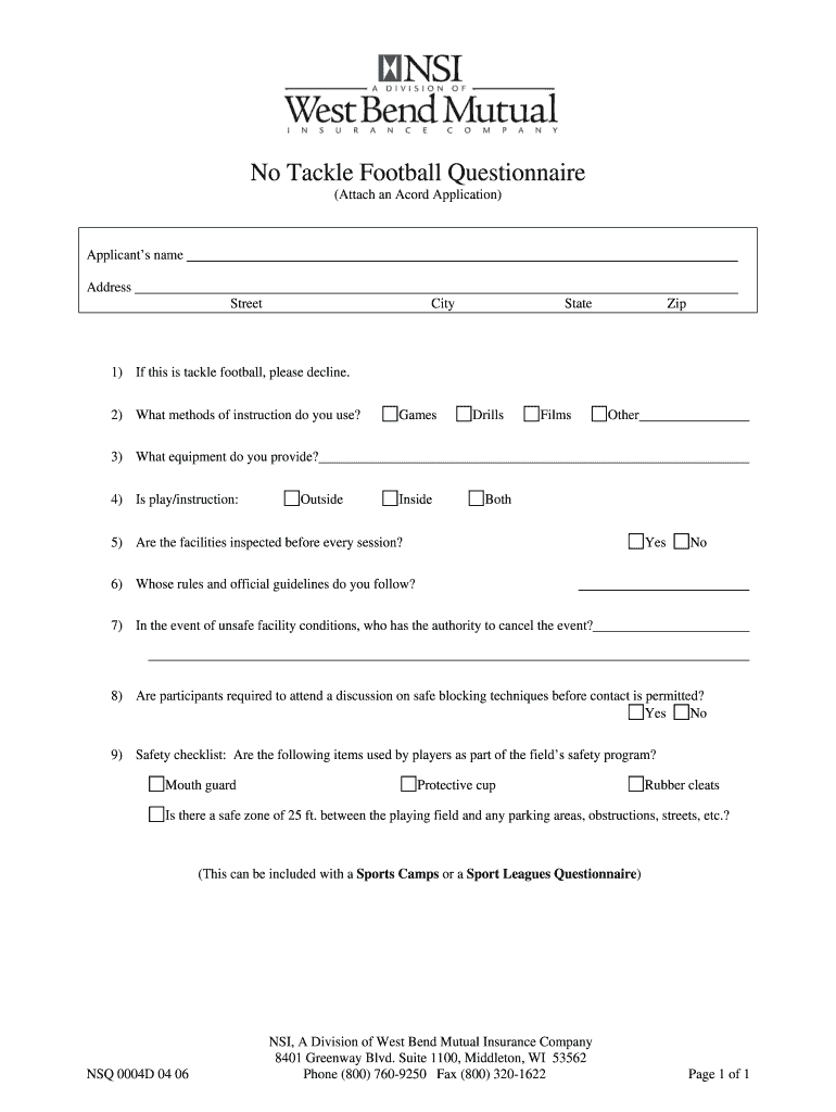 Fillable Online No Tackle Football Questionnaire - eccherinsurancecom ...