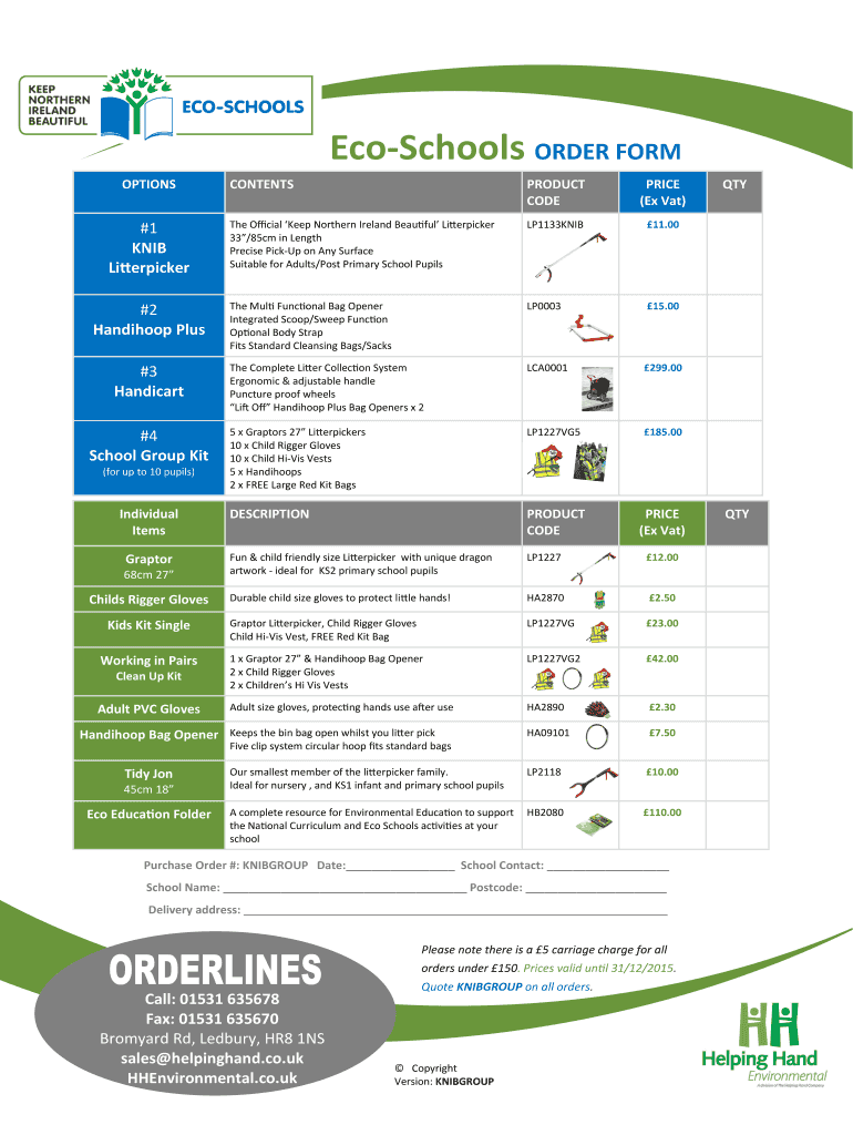 Fillable Online eco-schoolsni Eco-Schools ORDER FORM Fax Email Print ...
