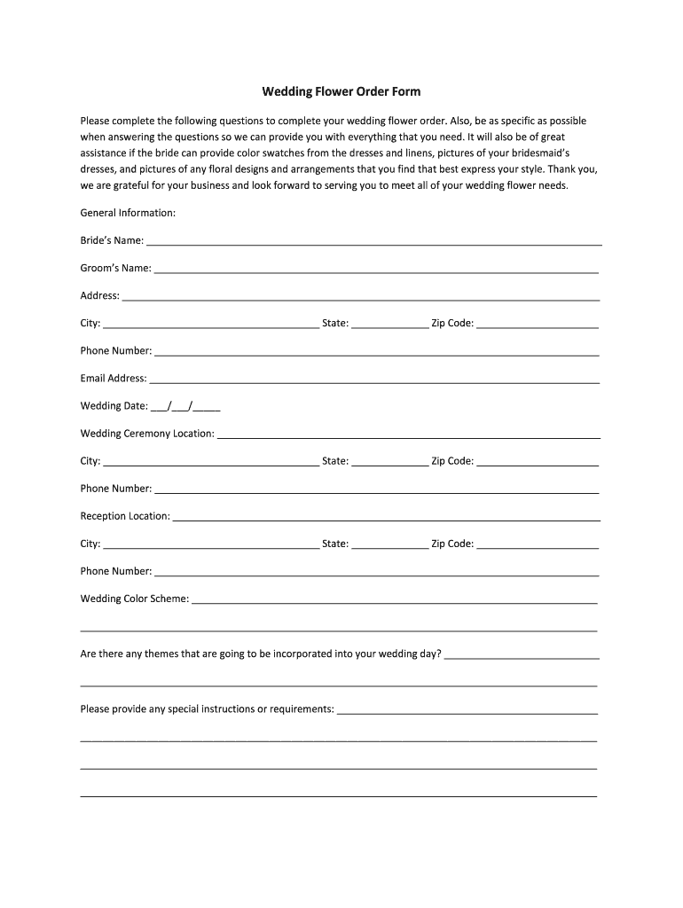 Fillable Online Wedding Flower Order Form - Free Links Fax Email Print ...