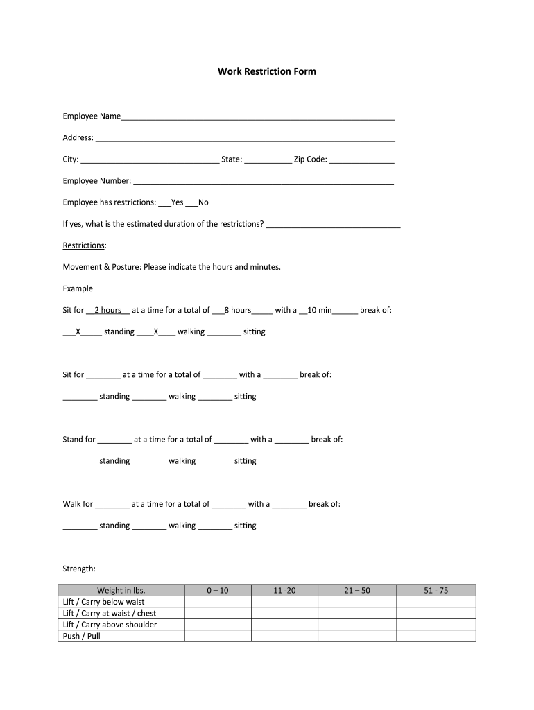 Medical Work Restriction Forms Fill Online Printable Fillable Blank PdfFiller