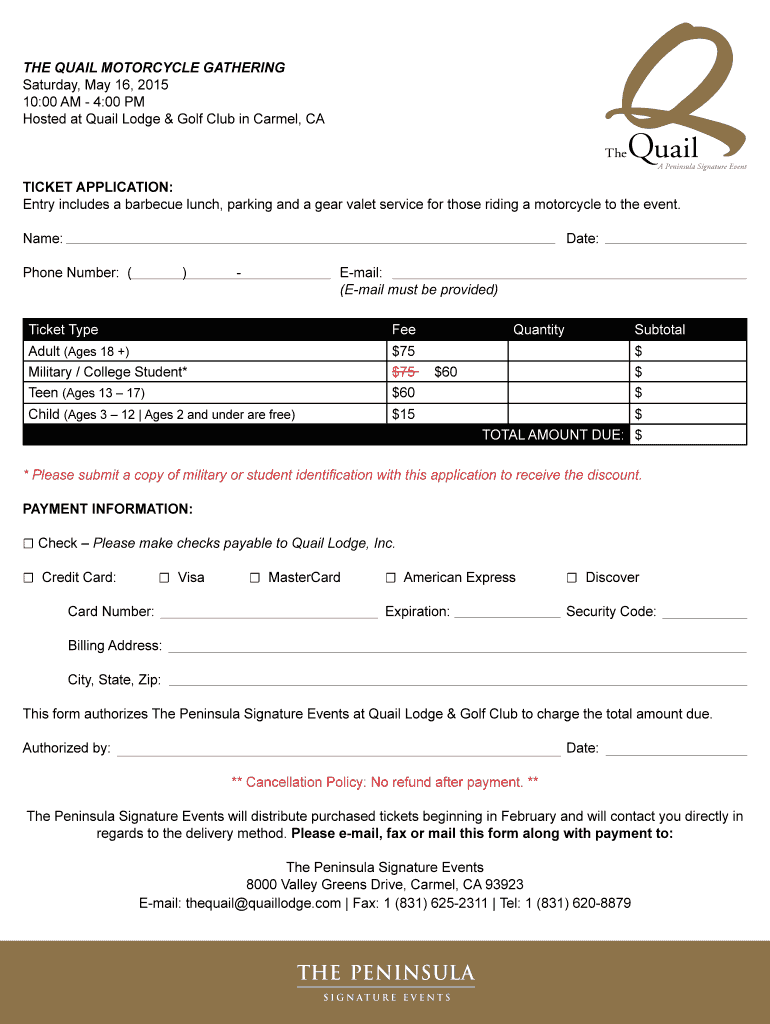 Fillable Online To download 2016 Entrant Application - Peninsula Signature Events Fax Email ...