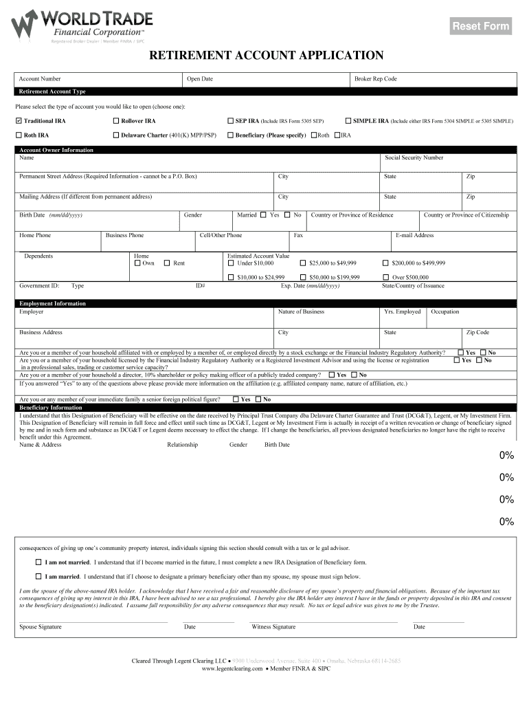 Fillable Online RETIREMENT ACCOUNT APPLICATION - World Trade Financial ...