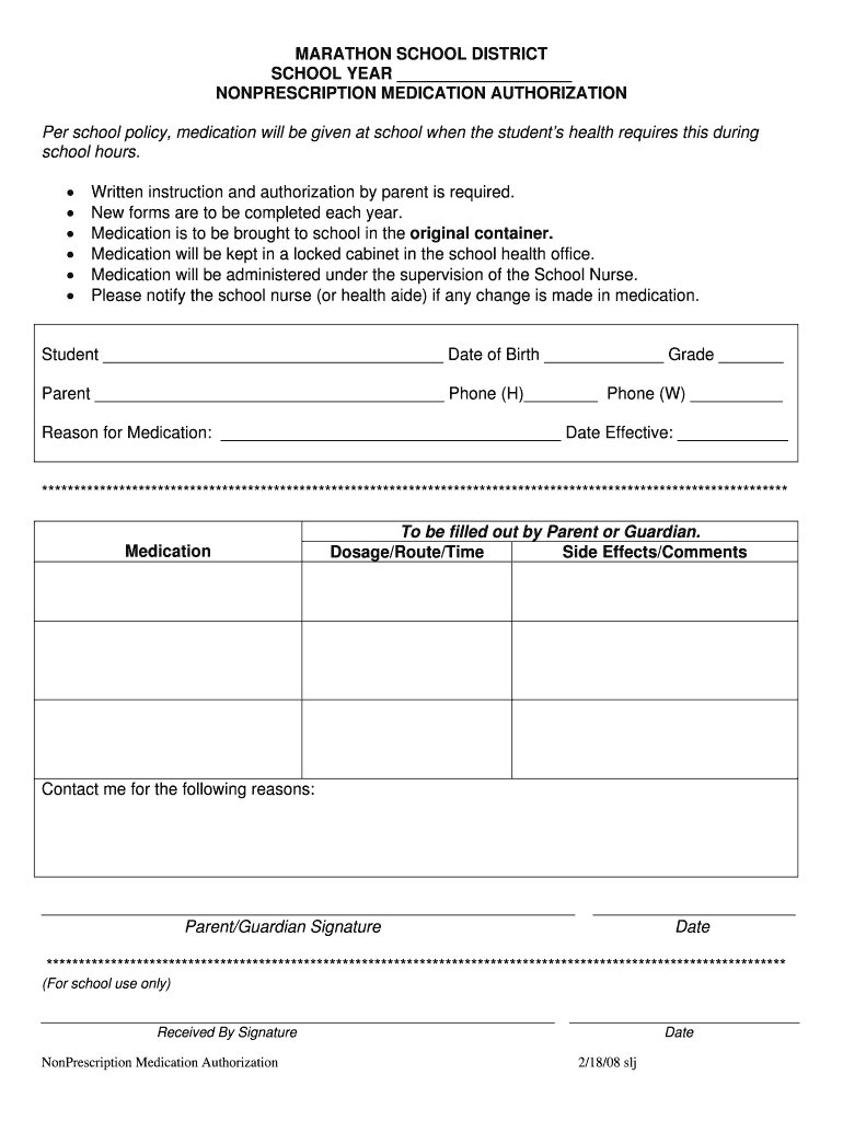 Fillable Online marathon k12 wi Non-prescription medication authorization form - Marathon School ...