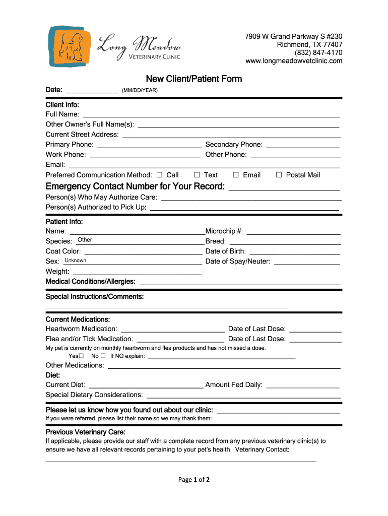 Fillable Online New Client/Patient Form Emergency Contact Number for Your Record: Fax Email ...
