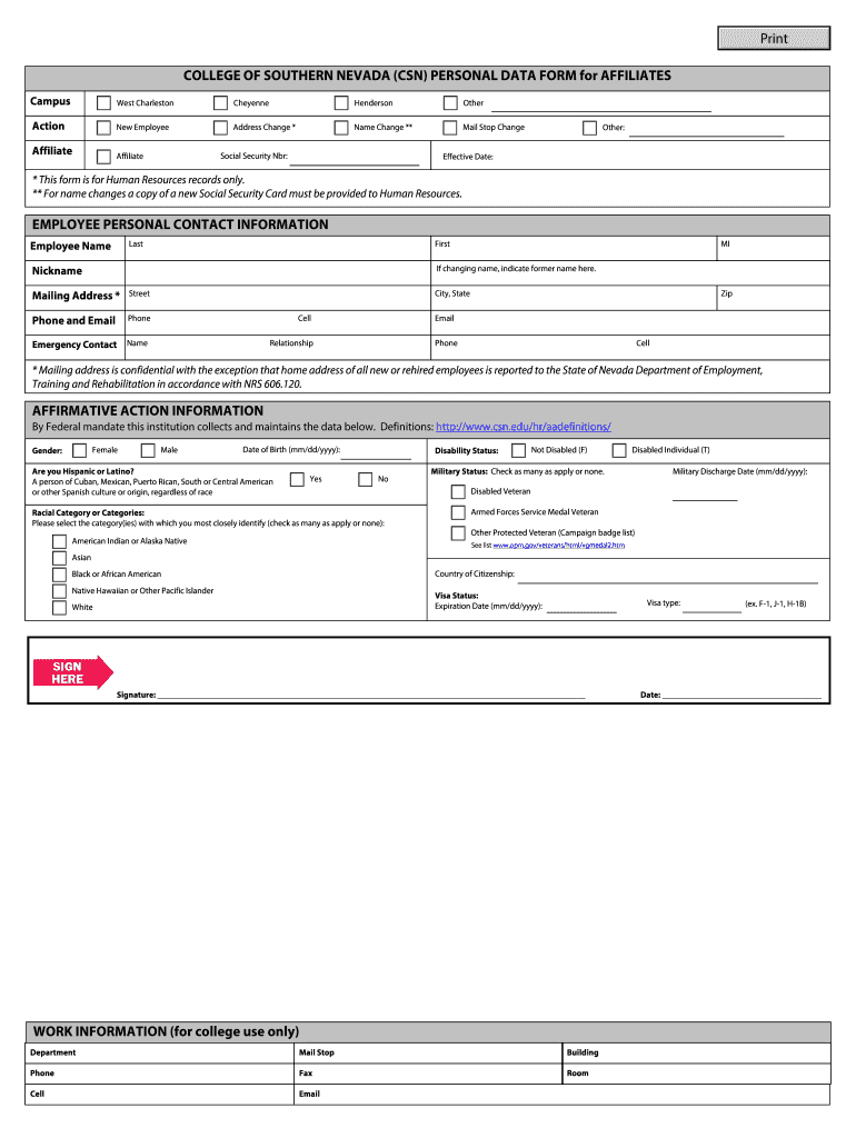 Fillable Online csn Affiliates Personal Data Form pdf - CSN Fax Email ...