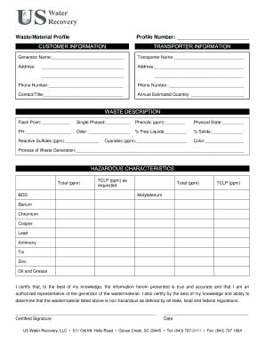 Fillable Online WasteMaterial Profile Profile Number - buswrbbnetb Fax ...